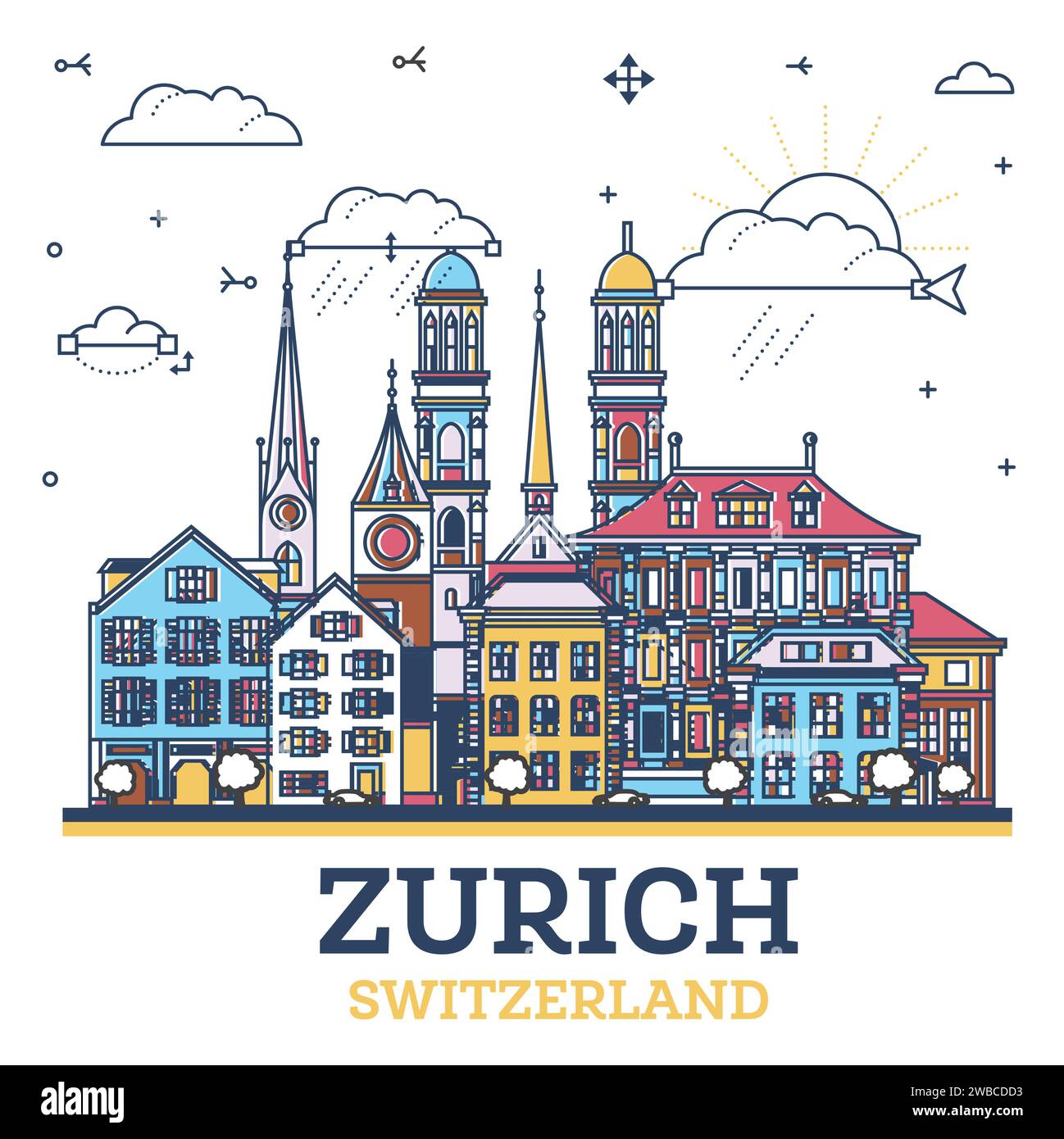 Outline Zurich Switzerland City Skyline with colored Modern and ...