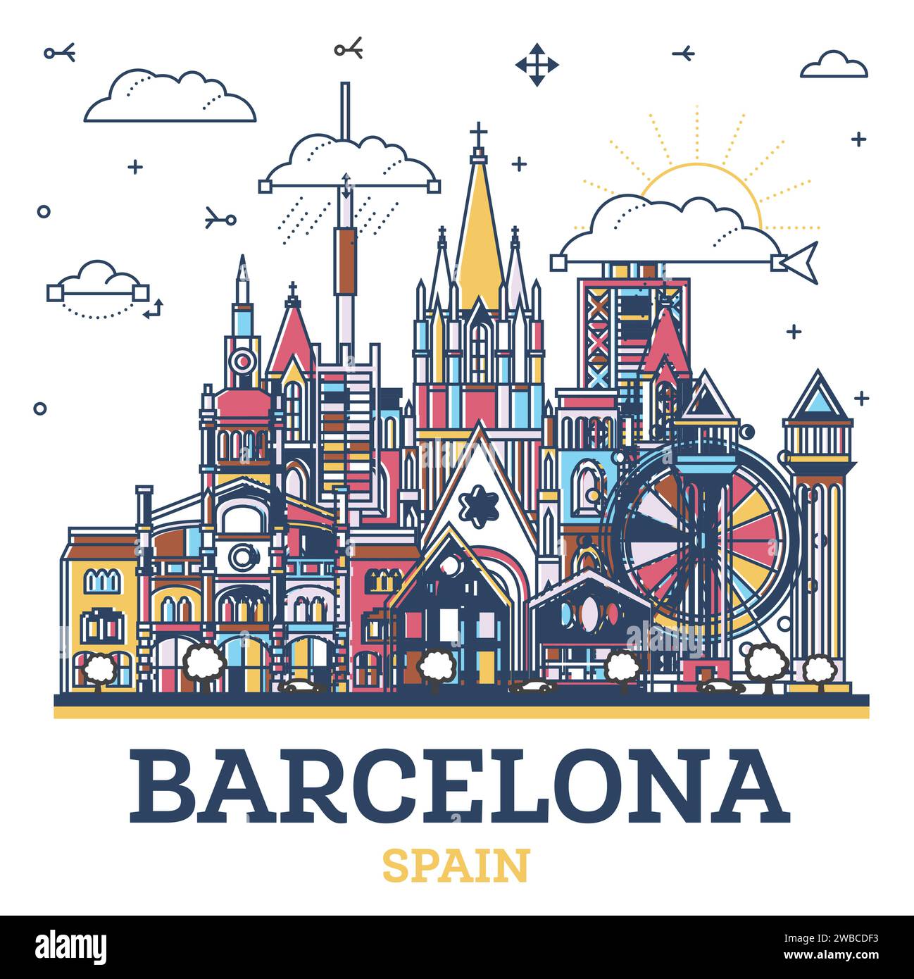 Outline Barcelona Spain City Skyline with colored Modern and Historic ...