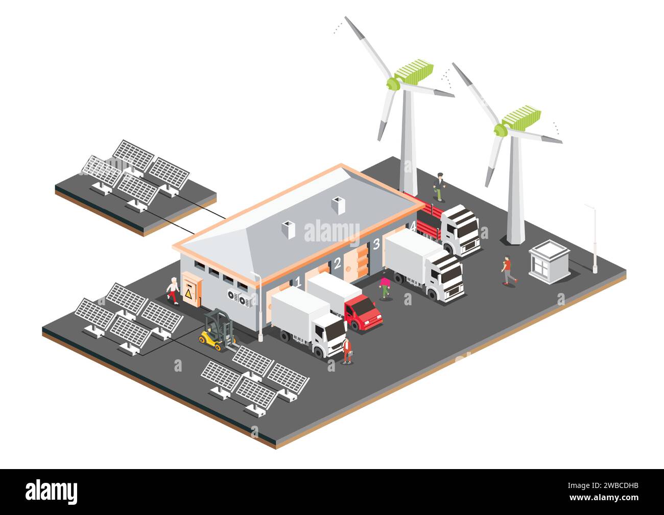 Isometric distribution logistic center with solar panels and wind turbines. Warehouse storage ...
