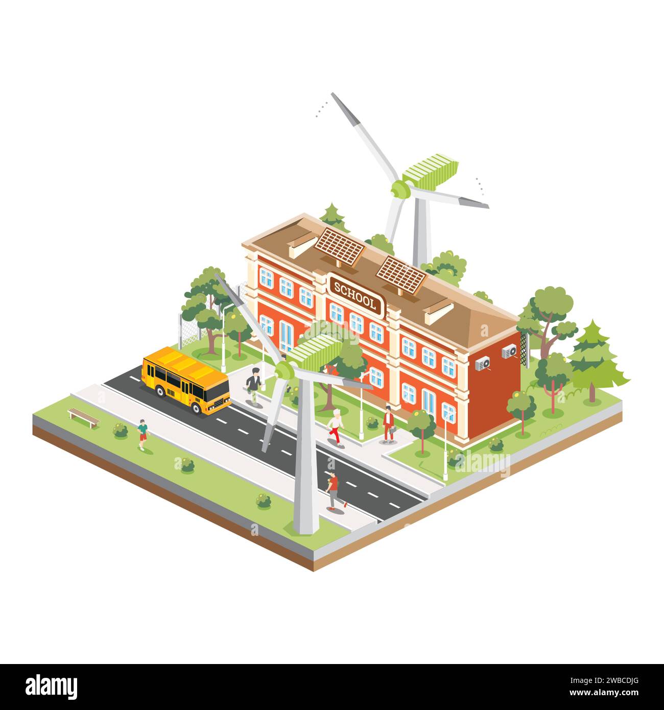 Isometric School Building with Solar Panels and Wind Turbine Isolated ...