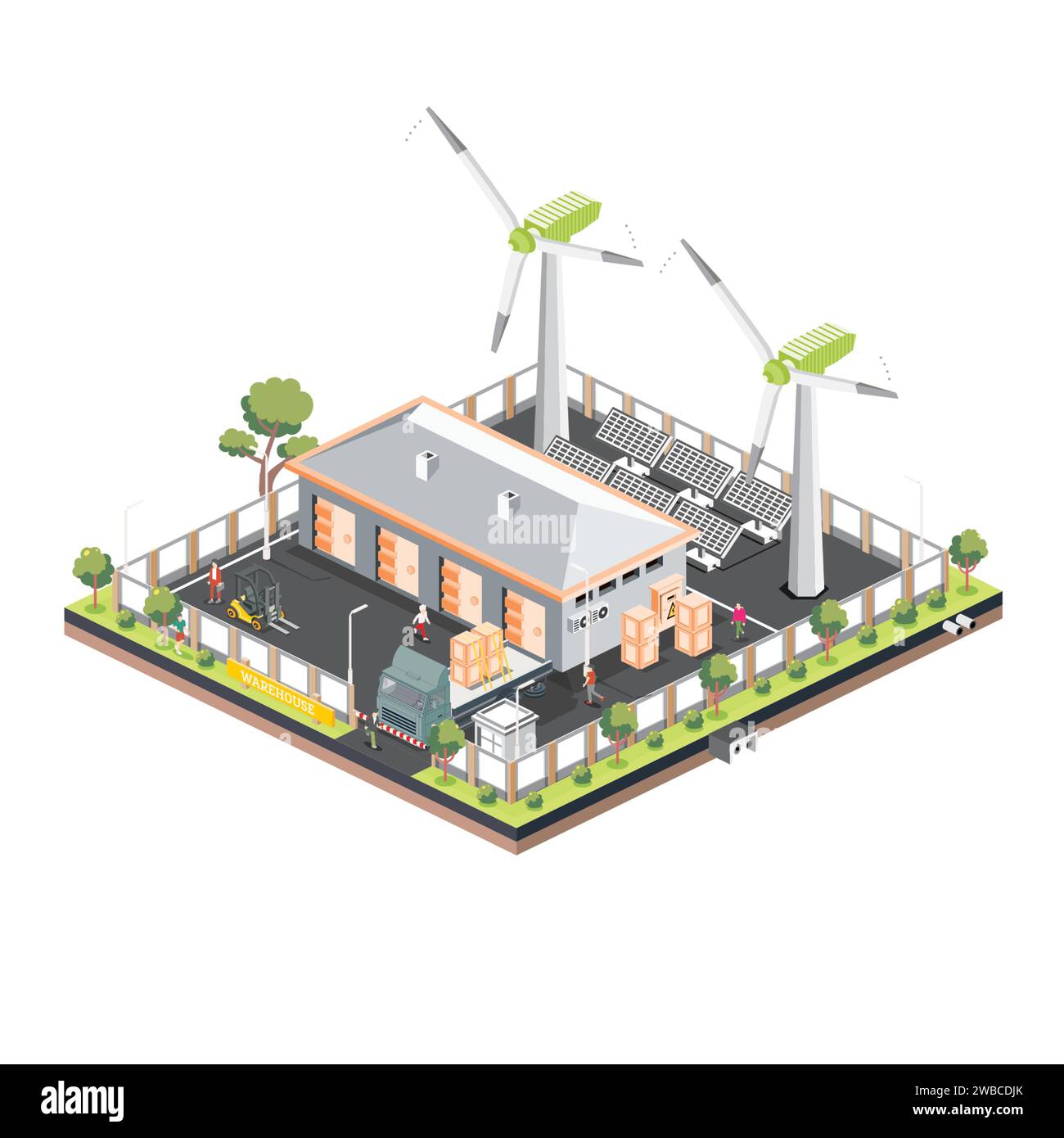 Isometric distribution logistic center with solar panels and wind ...