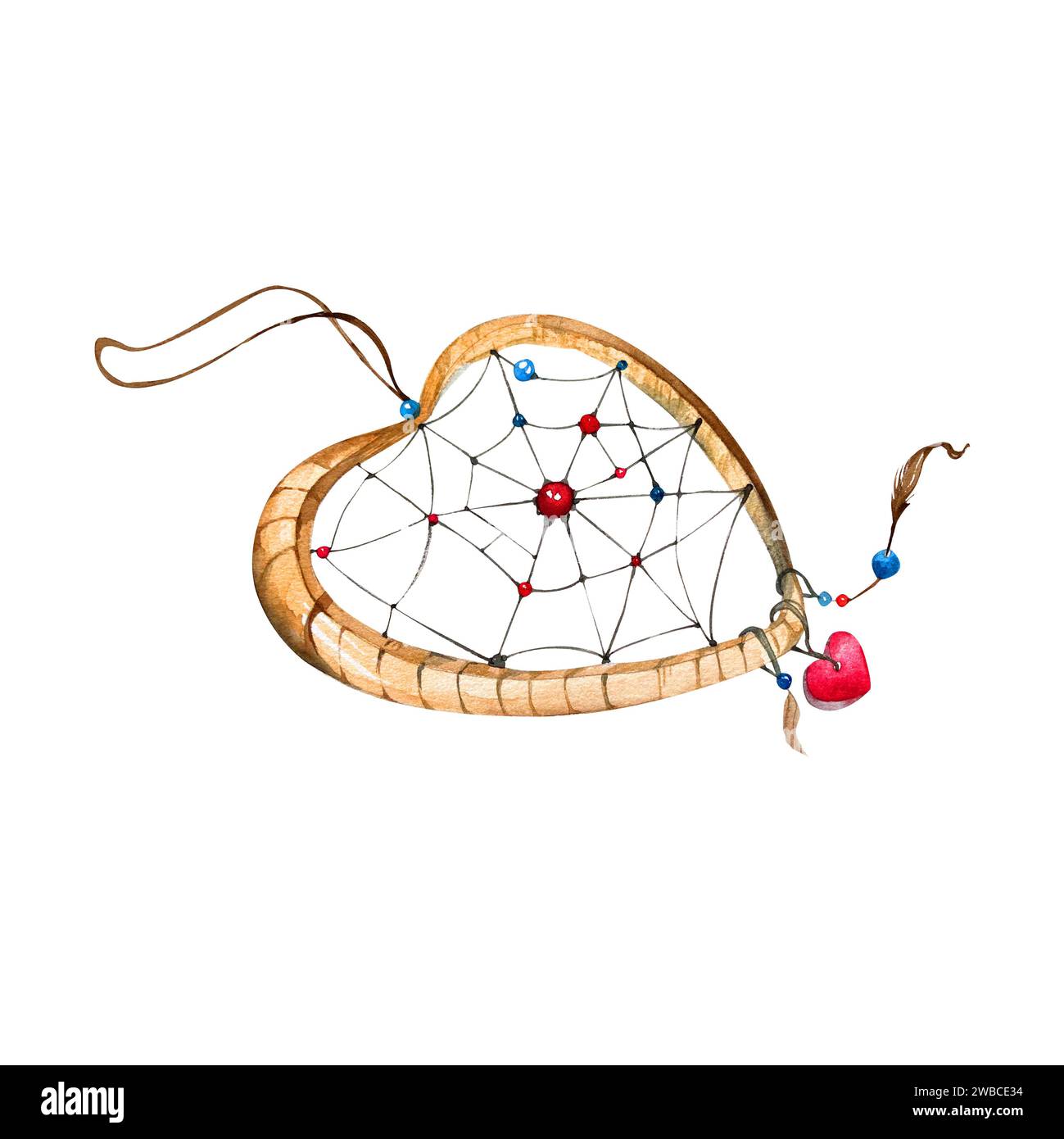 A heart-shaped dream catcher with beads, feathers and ribbons. handmade ...