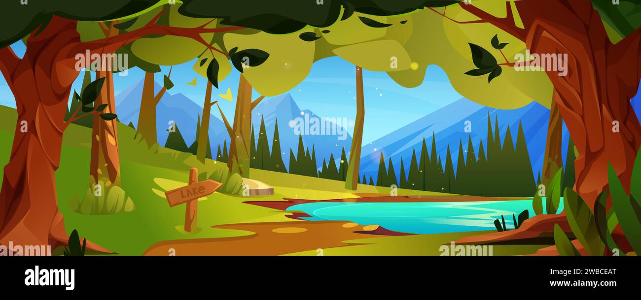 Summer natural forest landscape with green leaves on trees, soil path ...