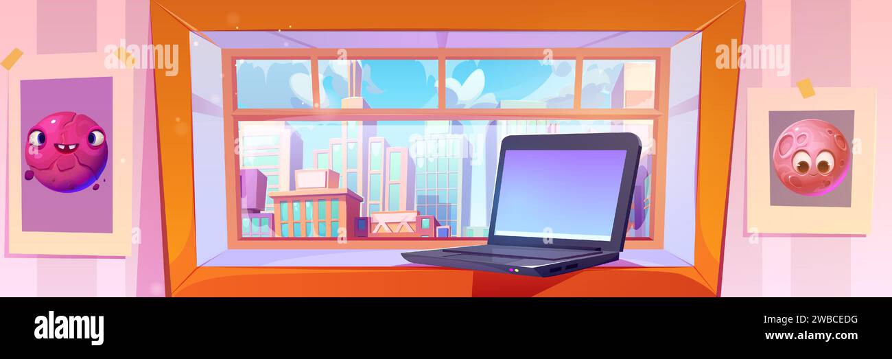 Young man working on laptop near window. Vector cartoon illustration of ...