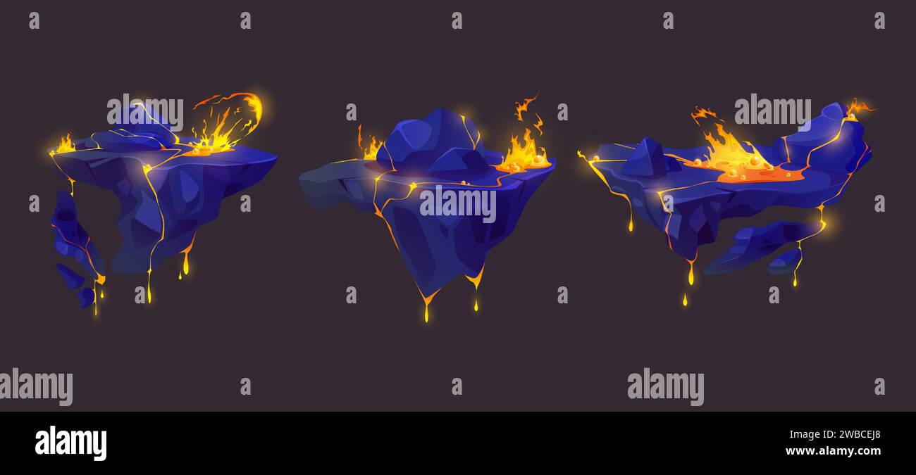 Floating islands of rocky land with hot orange lava liquid with ...