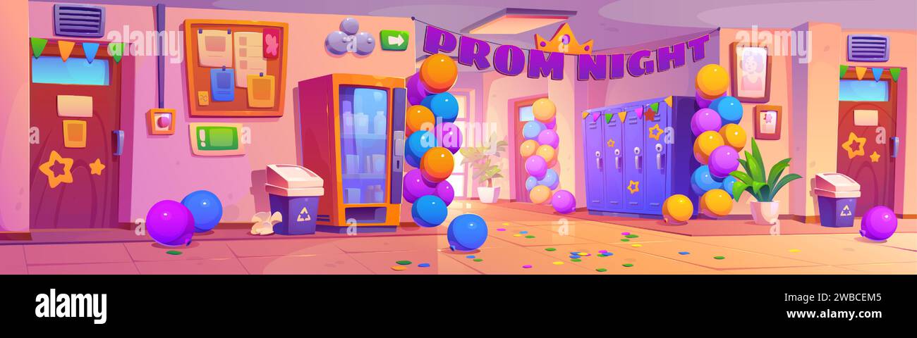 School hallway decorated for prom night party. Cartoon corridor ...