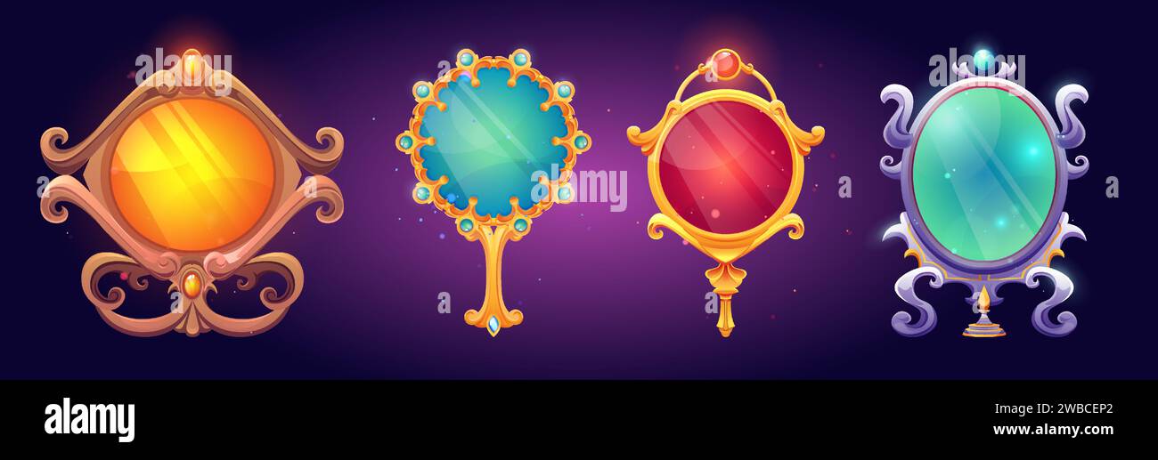 Set of magic game mirrors isolated on background. Vector cartoon ...