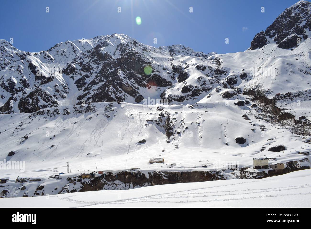 Snow-covered mountain peaks in Himalaya India. The Great Himalayas or ...