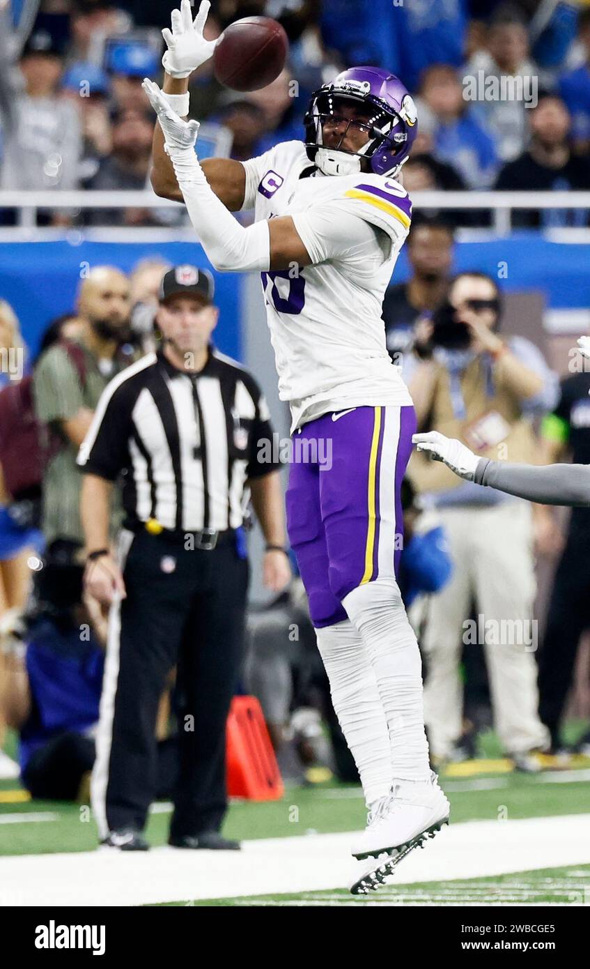 Minnesota Vikings wide receiver Justin Jefferson (18) makes a catch against the Detroit Lions ...
