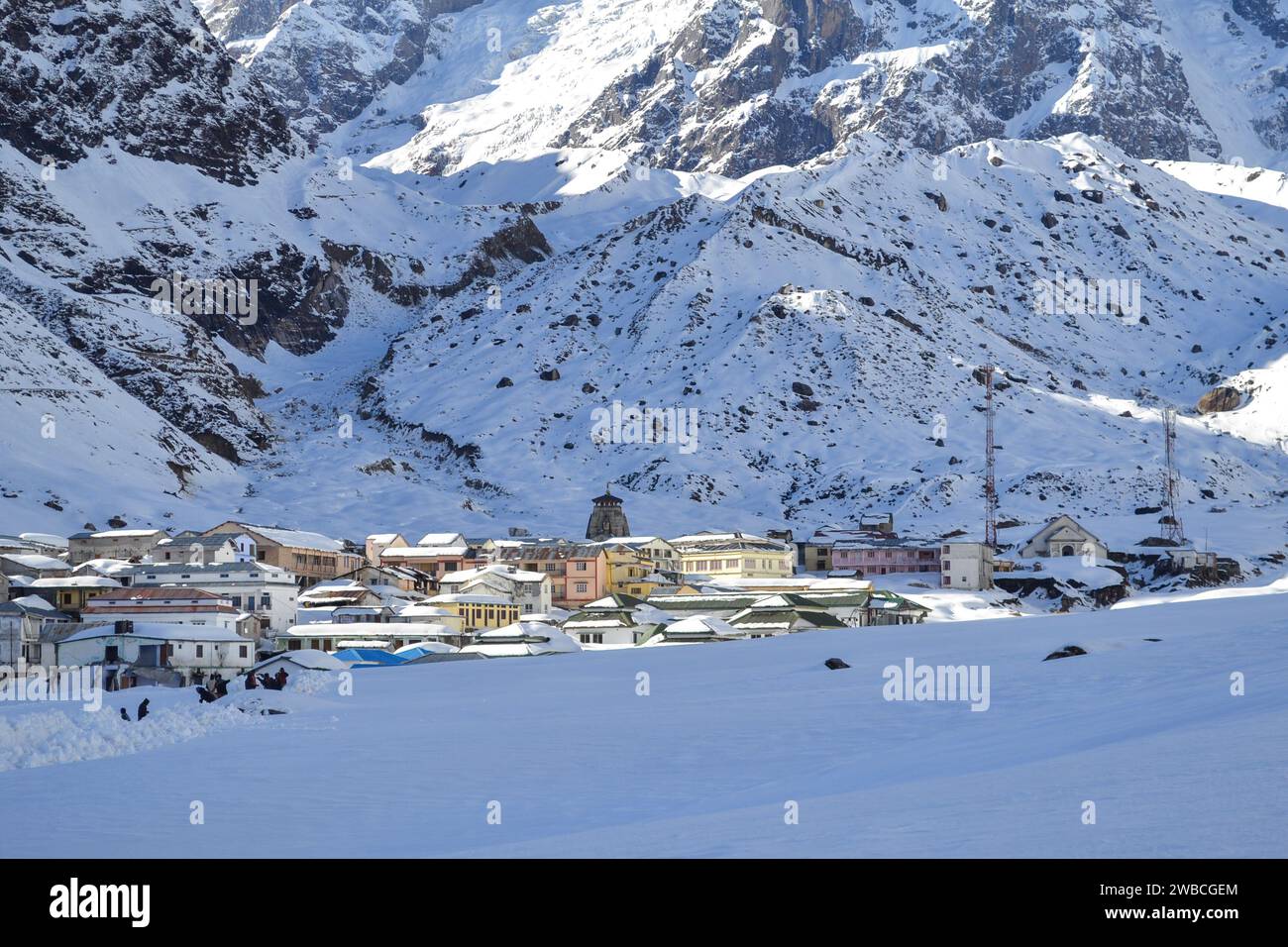Snow-covered Kedarnath temple, Kedarnath Dham in India. Kedarnath is a ...