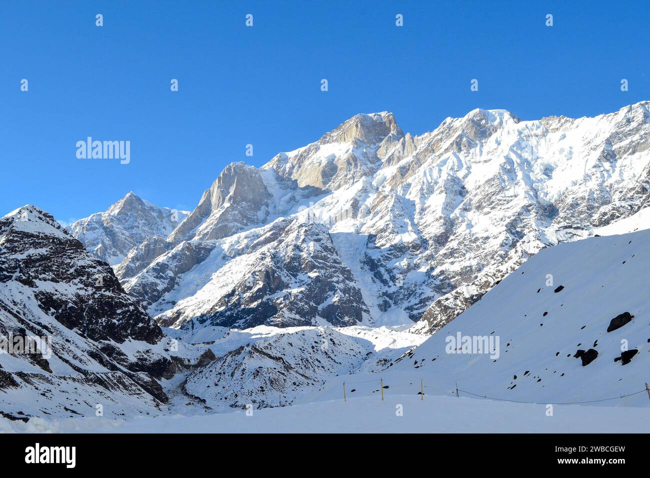 Snow-covered mountain peaks in Himalaya India. The Great Himalayas or ...