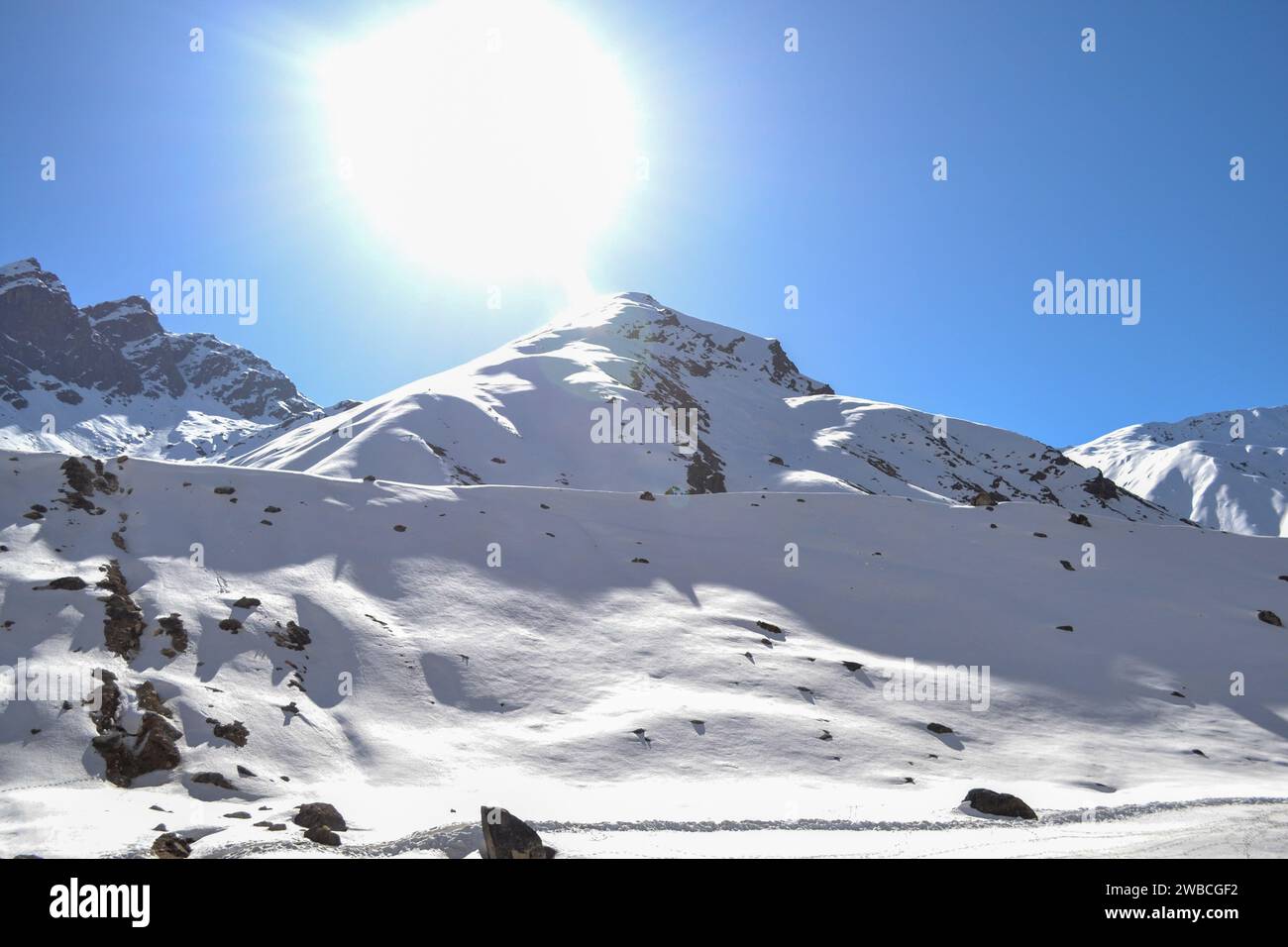 Snow-covered mountain peaks in Himalaya India. The Great Himalayas or ...