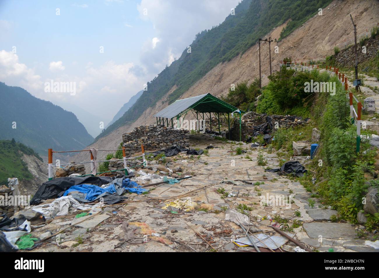 Damaged building, pathway, sheds in Kedarnath disaster India. Kedarnath ...