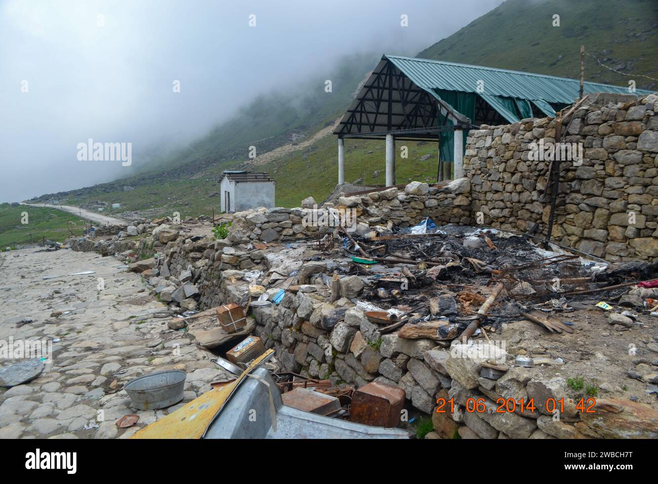 Damaged building, pathway, sheds in Kedarnath disaster India. Kedarnath ...
