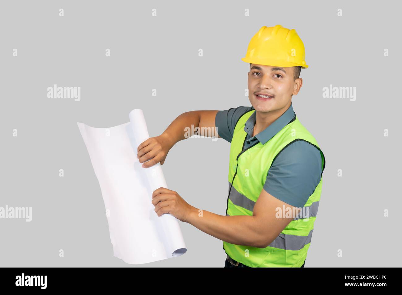 An Asian Happy Construction Worker Engineer giving expression gestures ...