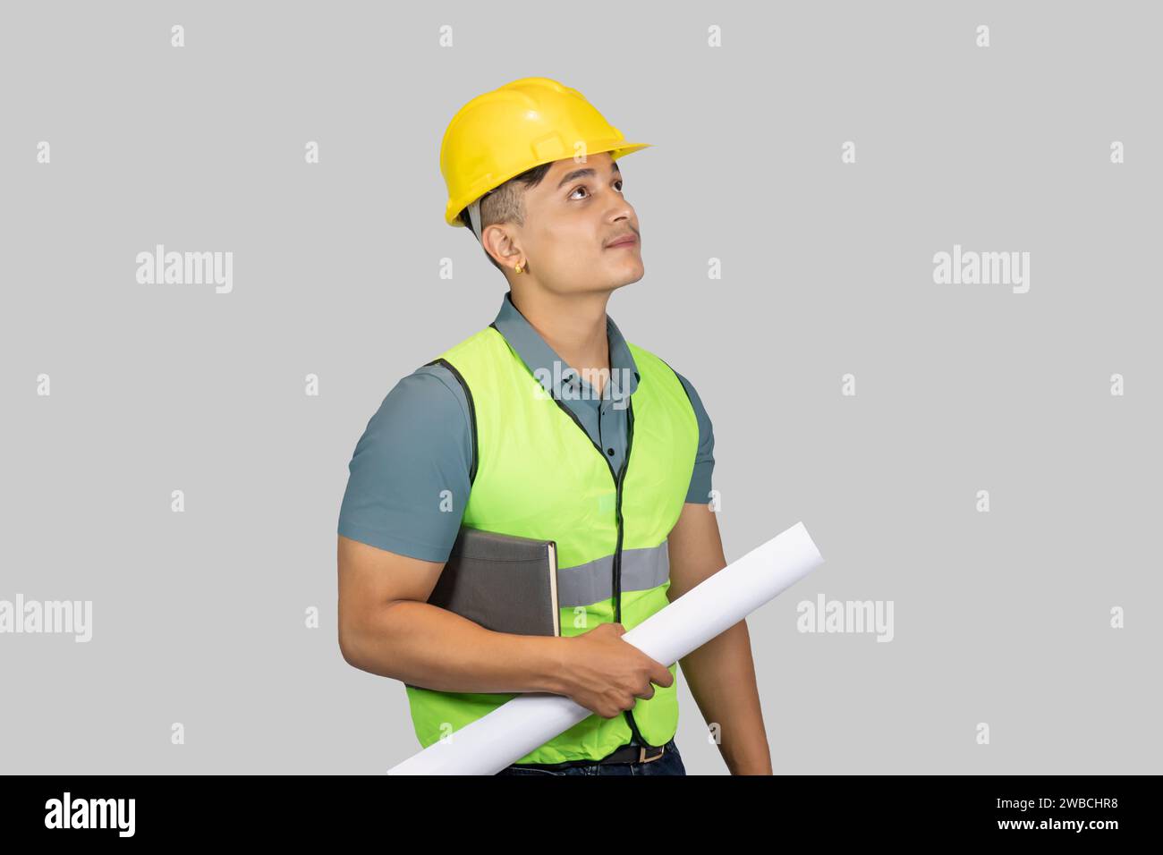 An Asian Happy Construction Worker Engineer giving expression gestures ...