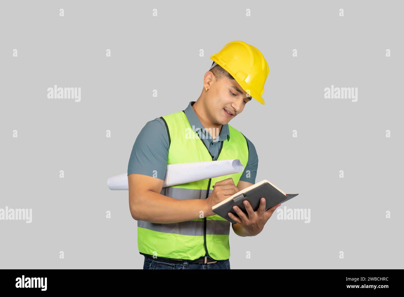 An Asian Happy Construction Worker Engineer giving expression gestures ...