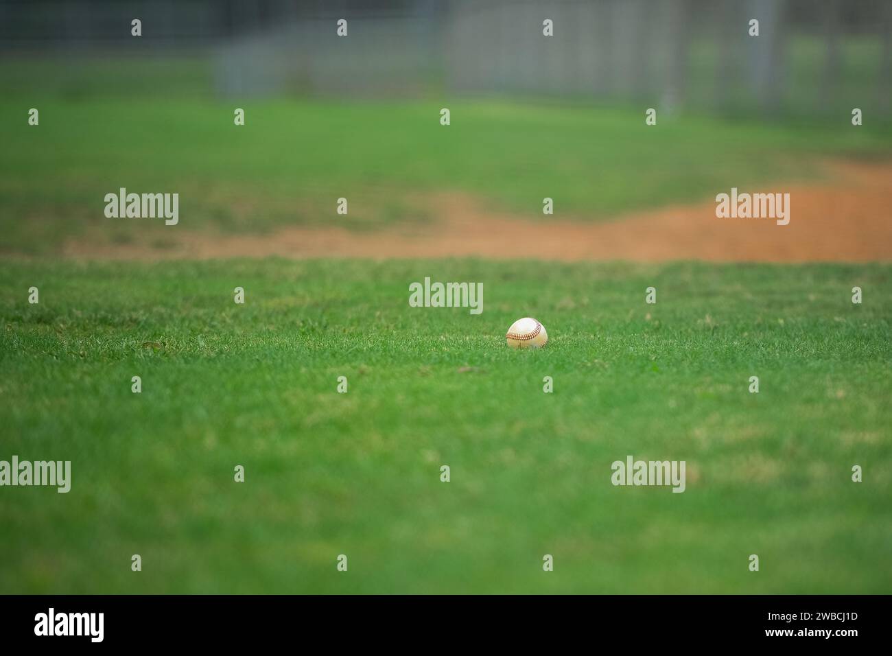 Baseball game, baseball ball siting on the grass on the diamond near ...