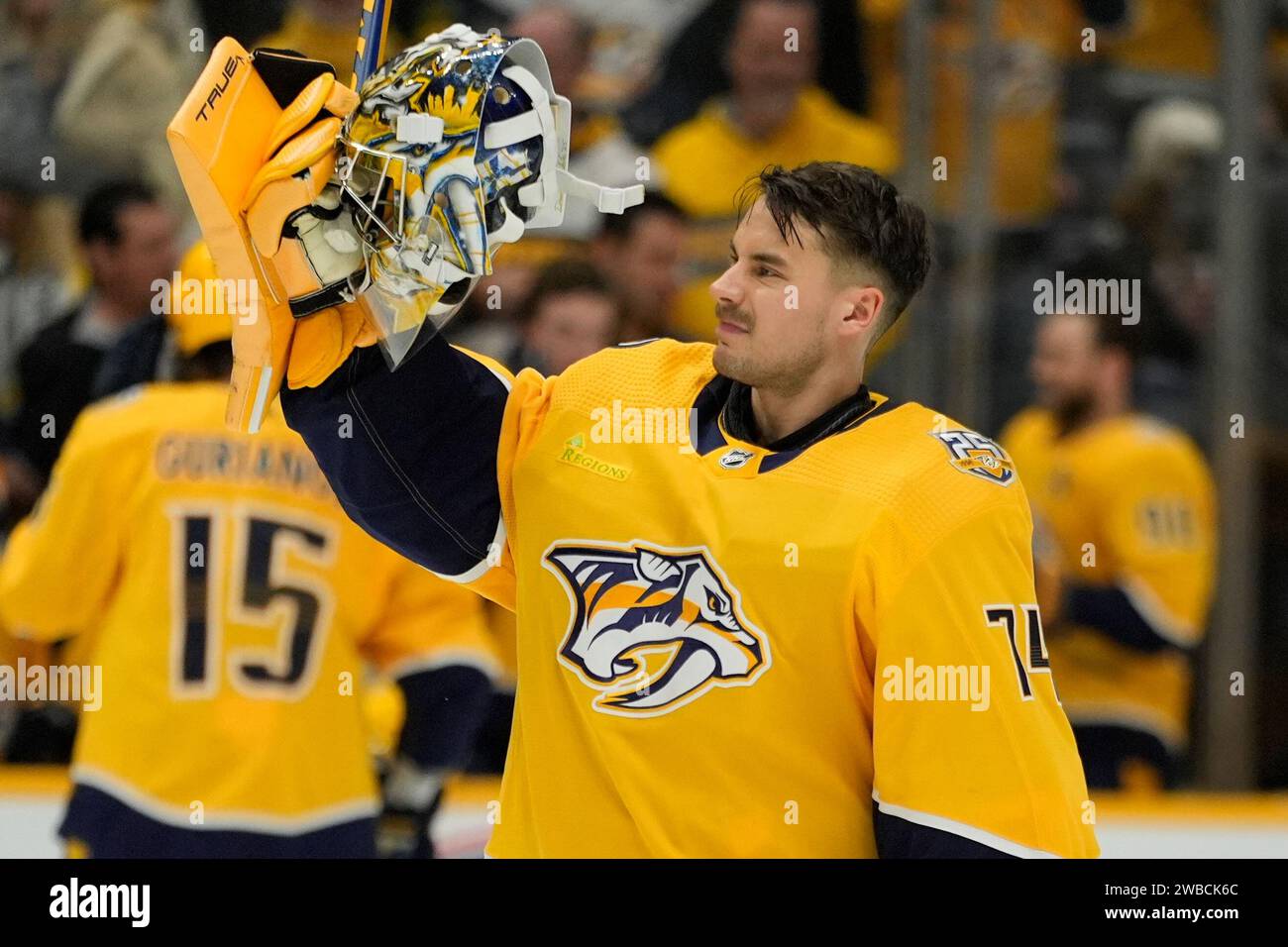 Nashville Predators goaltender Juuse Saros (74) before an NHL hockey ...