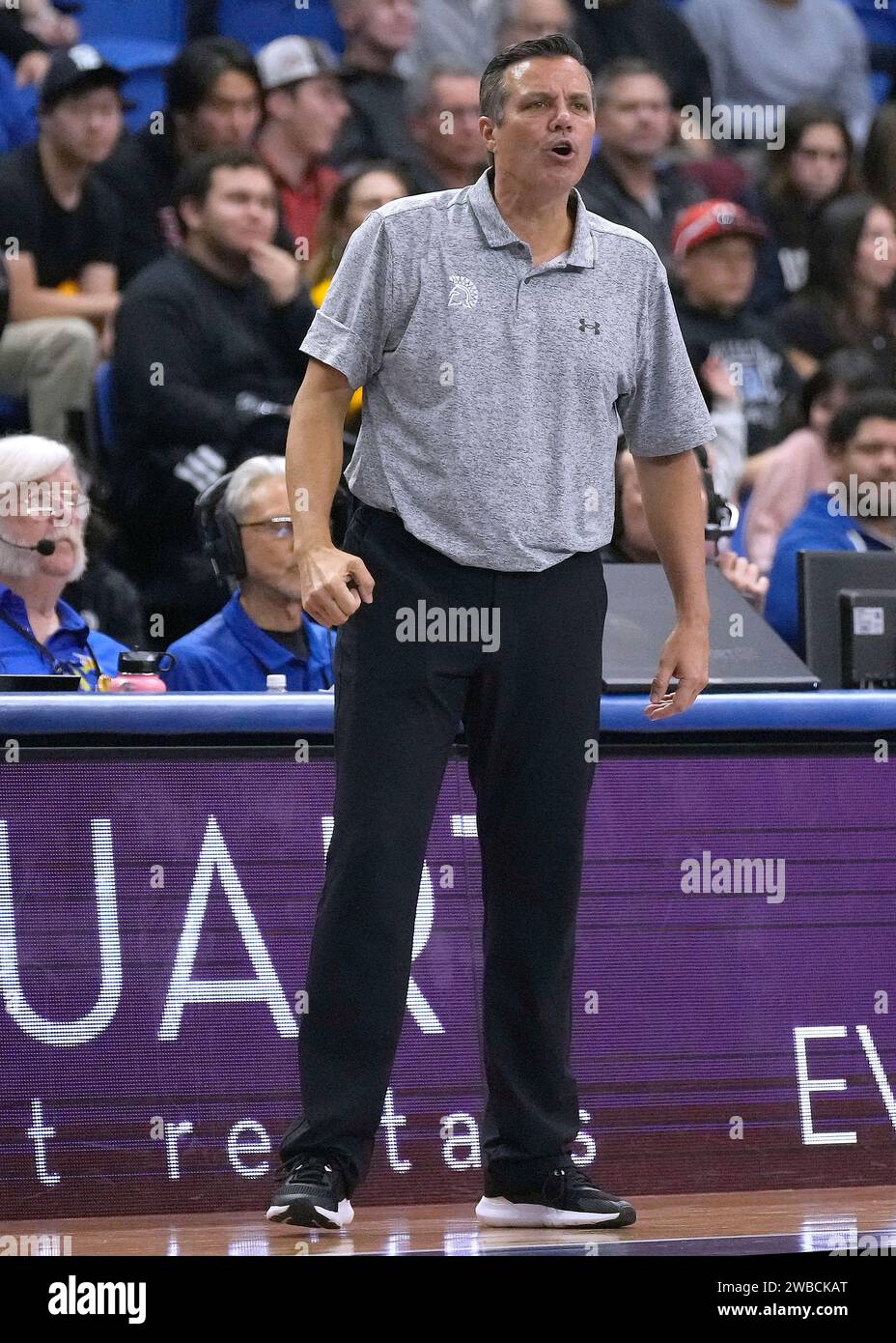 San Jose State coach Tim Miles yells to players during the second half ...