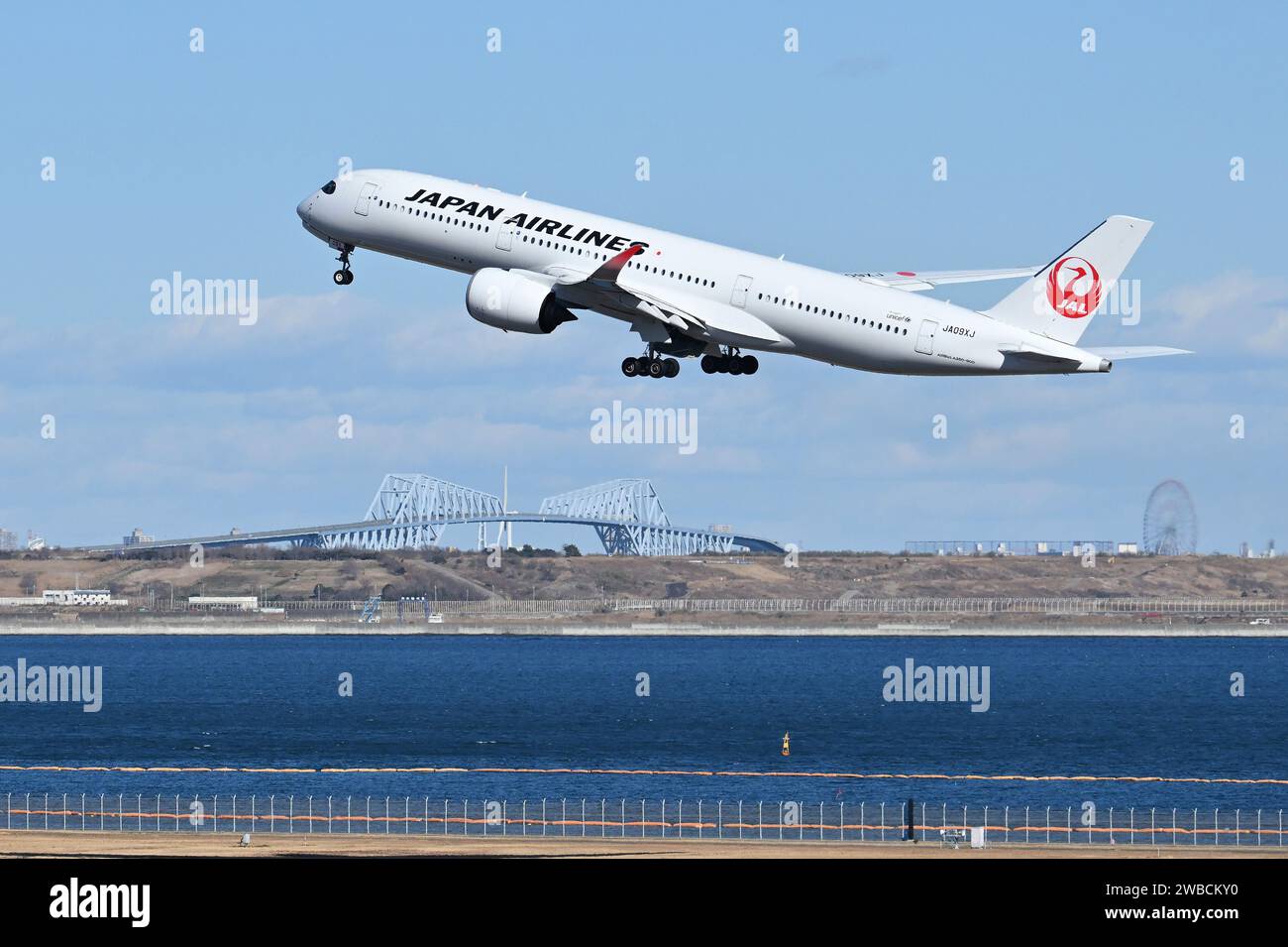 Airbus A350-900 (reg. JA09XJ) of JAL flight JL513 to Sapporo New Chitose taking off on the first ...