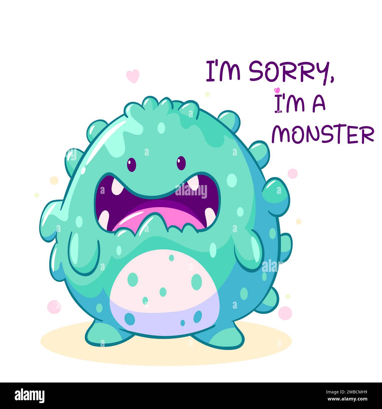 Apologize card with sad cute tiny monster. Inscription I'm sorry, I'm a ...