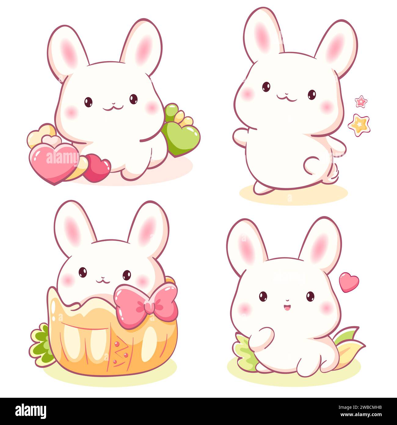 Set of little bunny in kawaii style. Tiny baby rabbits in multiple ...