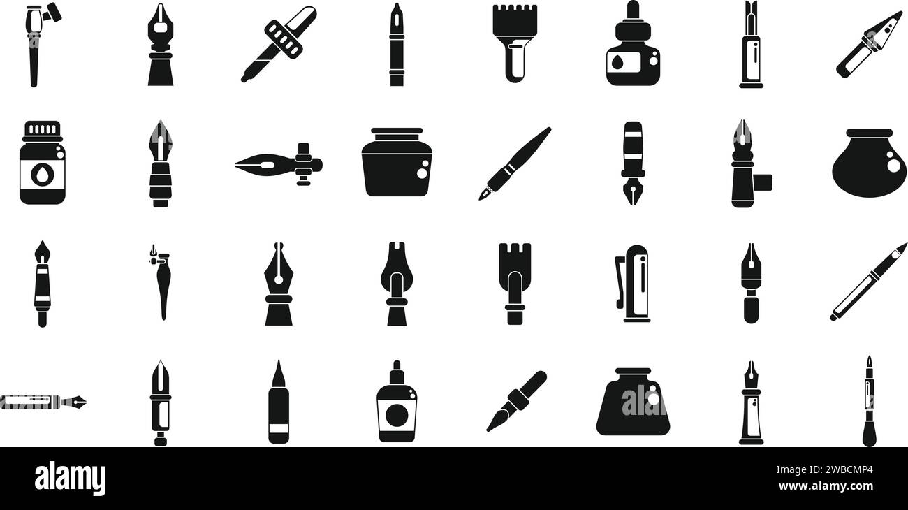 Dip pen tools icons set simple vector. Artwork ink. Accessory supplies ...