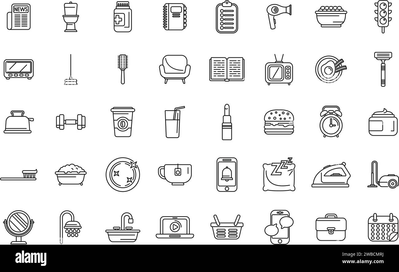 Daily routine icons set outline vector. Life school eat. Work day sleep ...