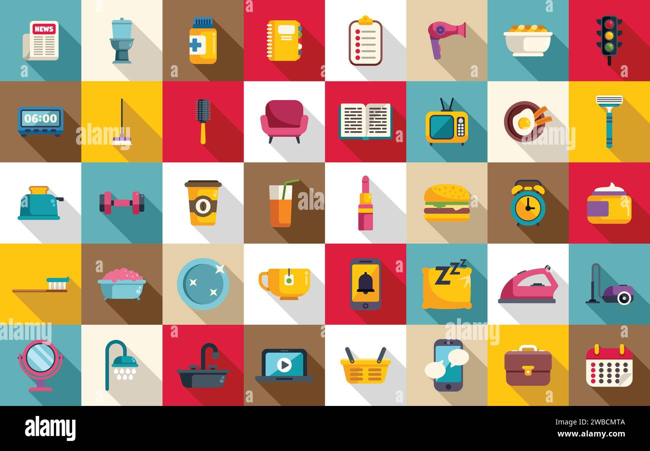 Daily routine icons set flat vector. Life school eat. Work day sleep Stock Vector Image & Art ...