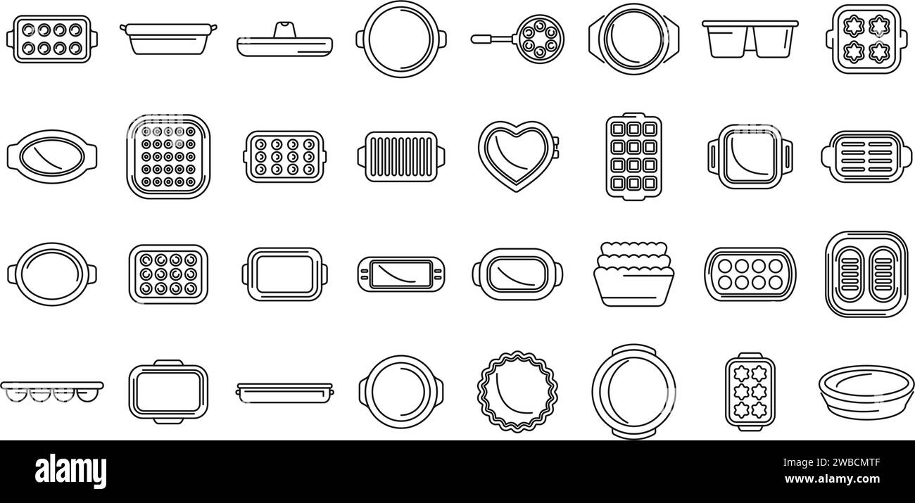 Bakeware icons set outline vector. Mold silicon. Muffin tray cake Stock ...