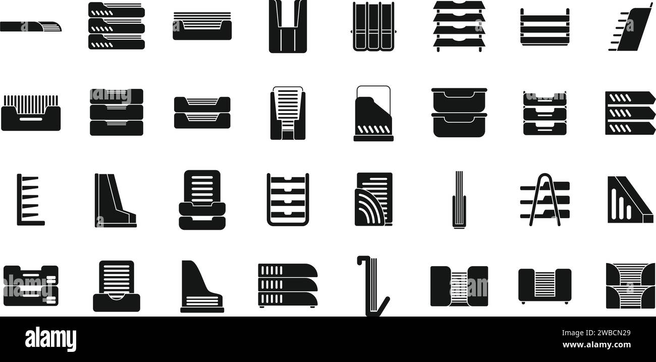 Paper tray icons set simple vector. Office rack storage. File work ...