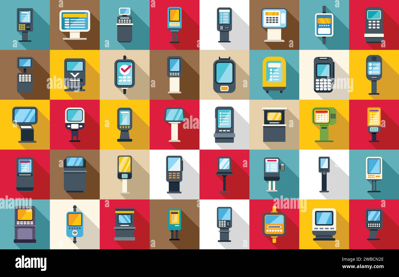 Ticket terminal icons set flat vector. City security. Self info screen ...