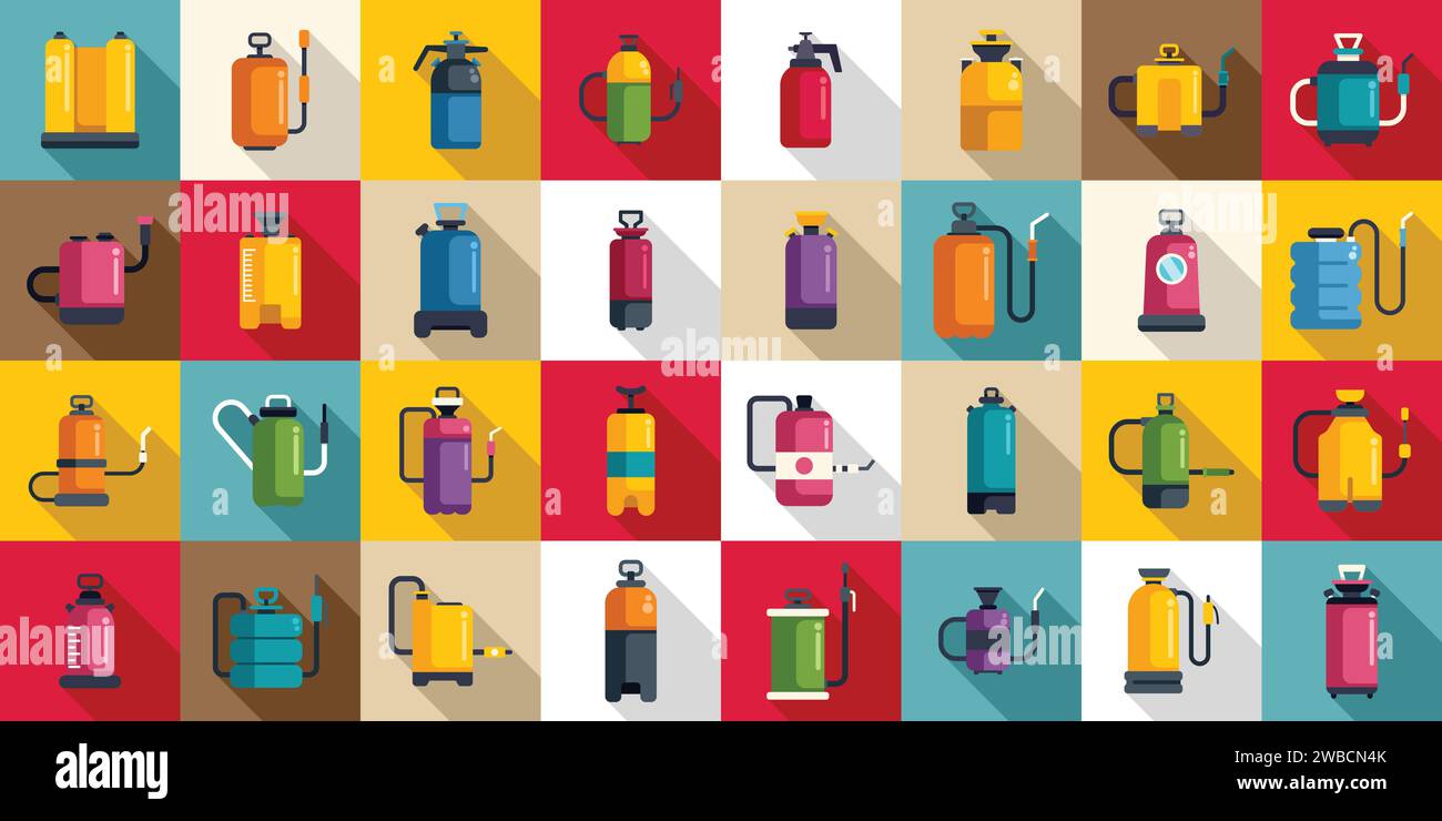 Pesticide sprayer icons set flat vector. Pressure garden lawn. Spray ...