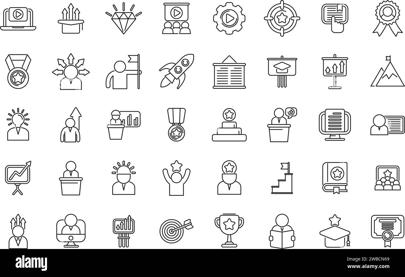 Personal Growth Training icons set outline vector. Self development. Care study Stock Vector ...
