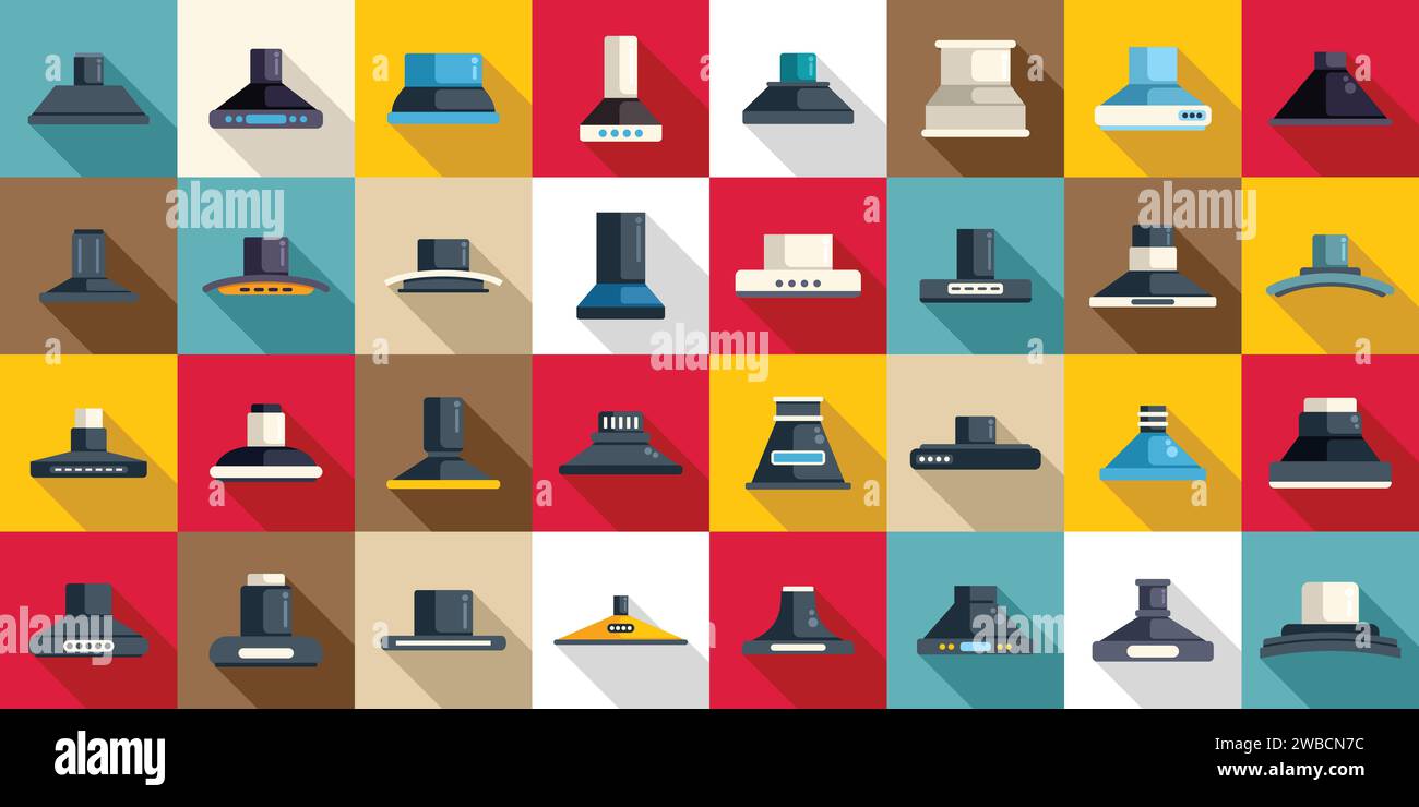 Kitchen hood icons set flat vector. Chimney vent air. Cooking house Stock Vector Image & Art - Alamy