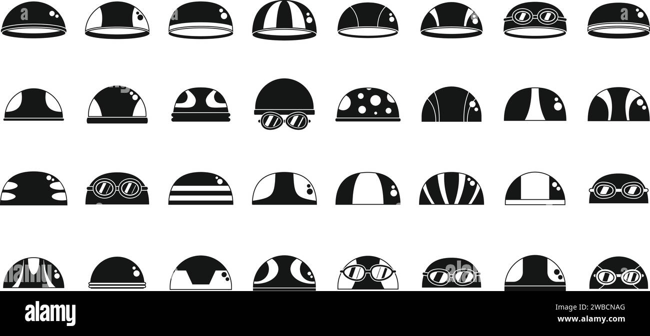 Swimming cap icons set simple vector. Swim pool dive. Swimmer mask ...
