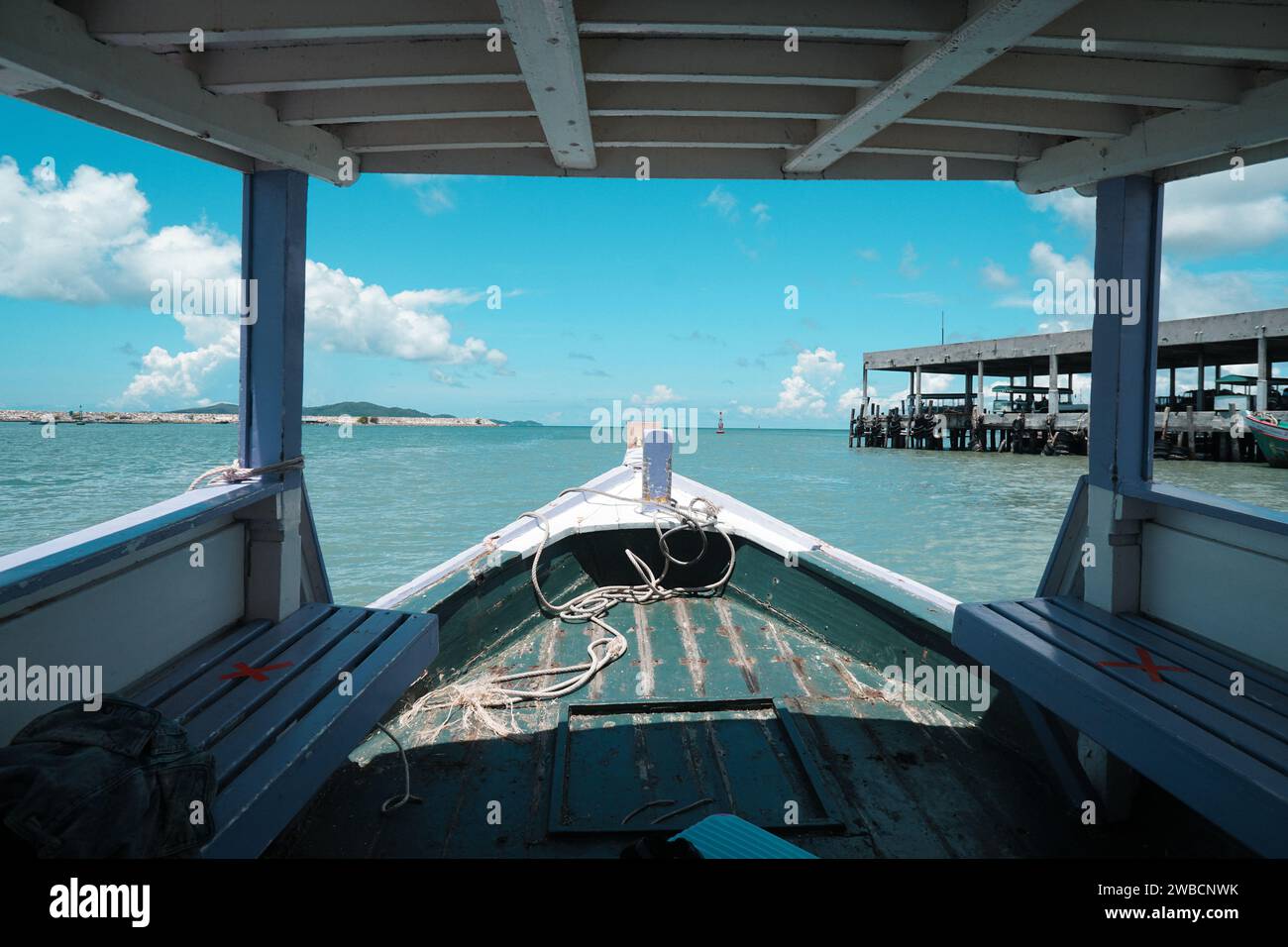 Speed boat bow while heading with beautiful water and blue sky to Samed ...