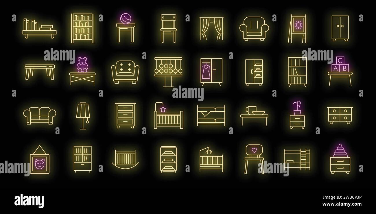 Children room icons set. Outline set of children room vector icons neon ...