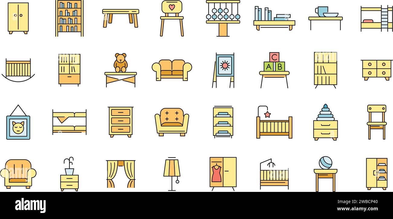 Children room icons set. Outline set of children room vector icons thin ...