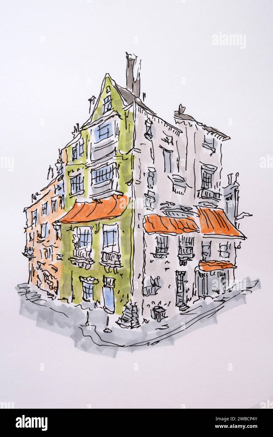 House sketch created with liner and markers. Color illustration for ...