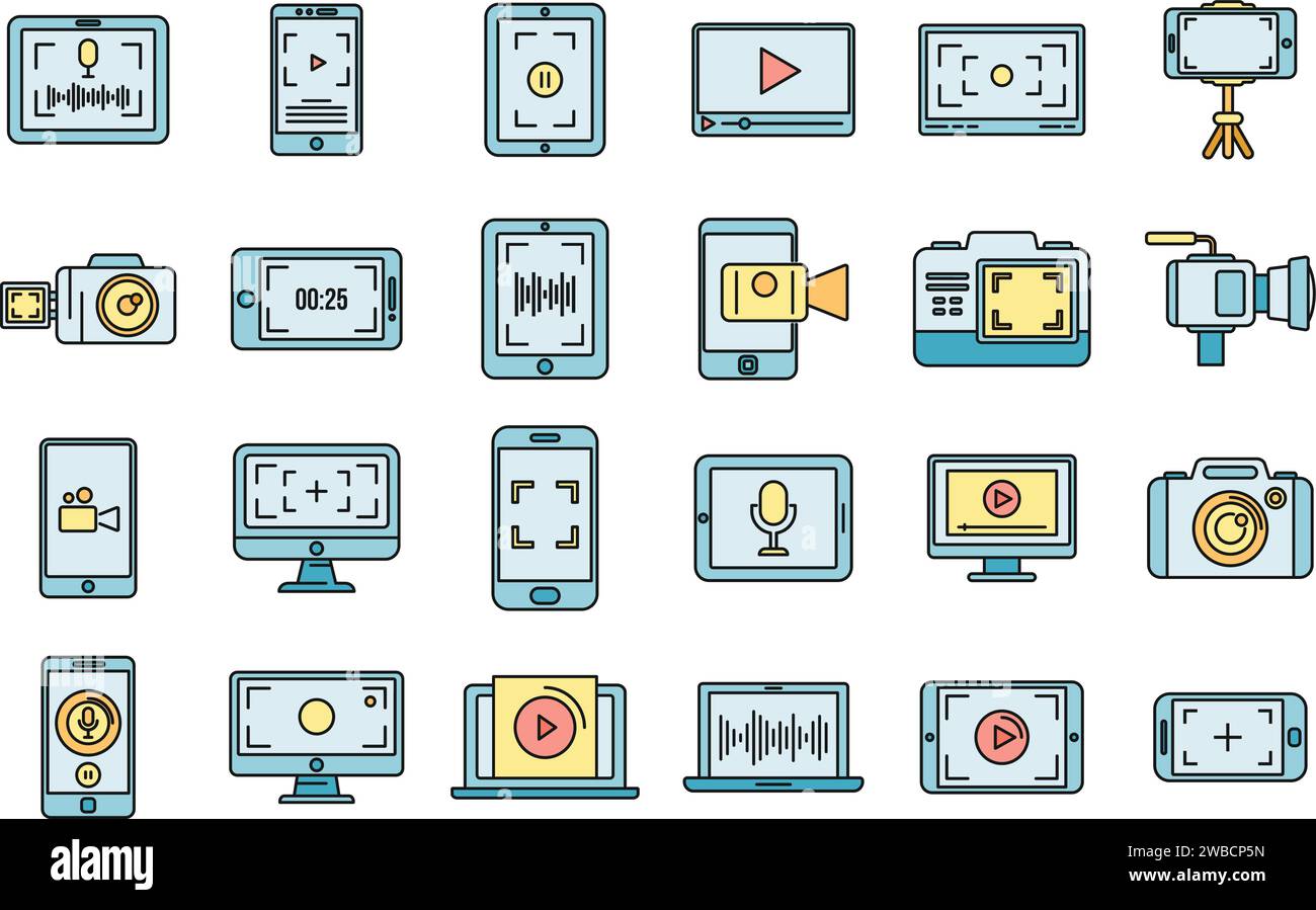 Digital screen recording icons set. Outline set of digital screen ...