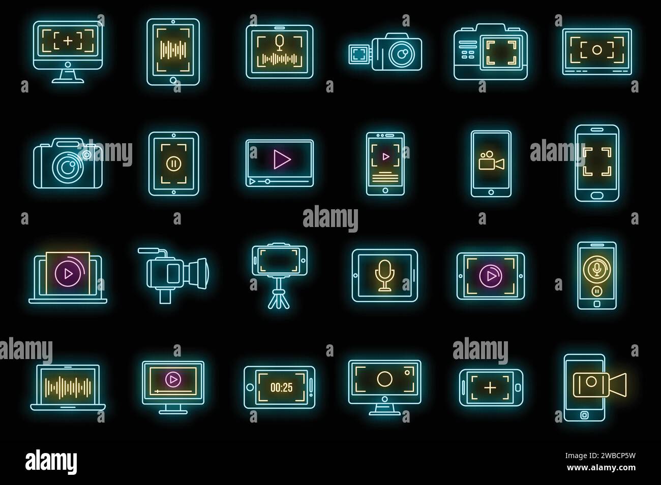 Digital screen recording icons set. Outline set of digital screen ...