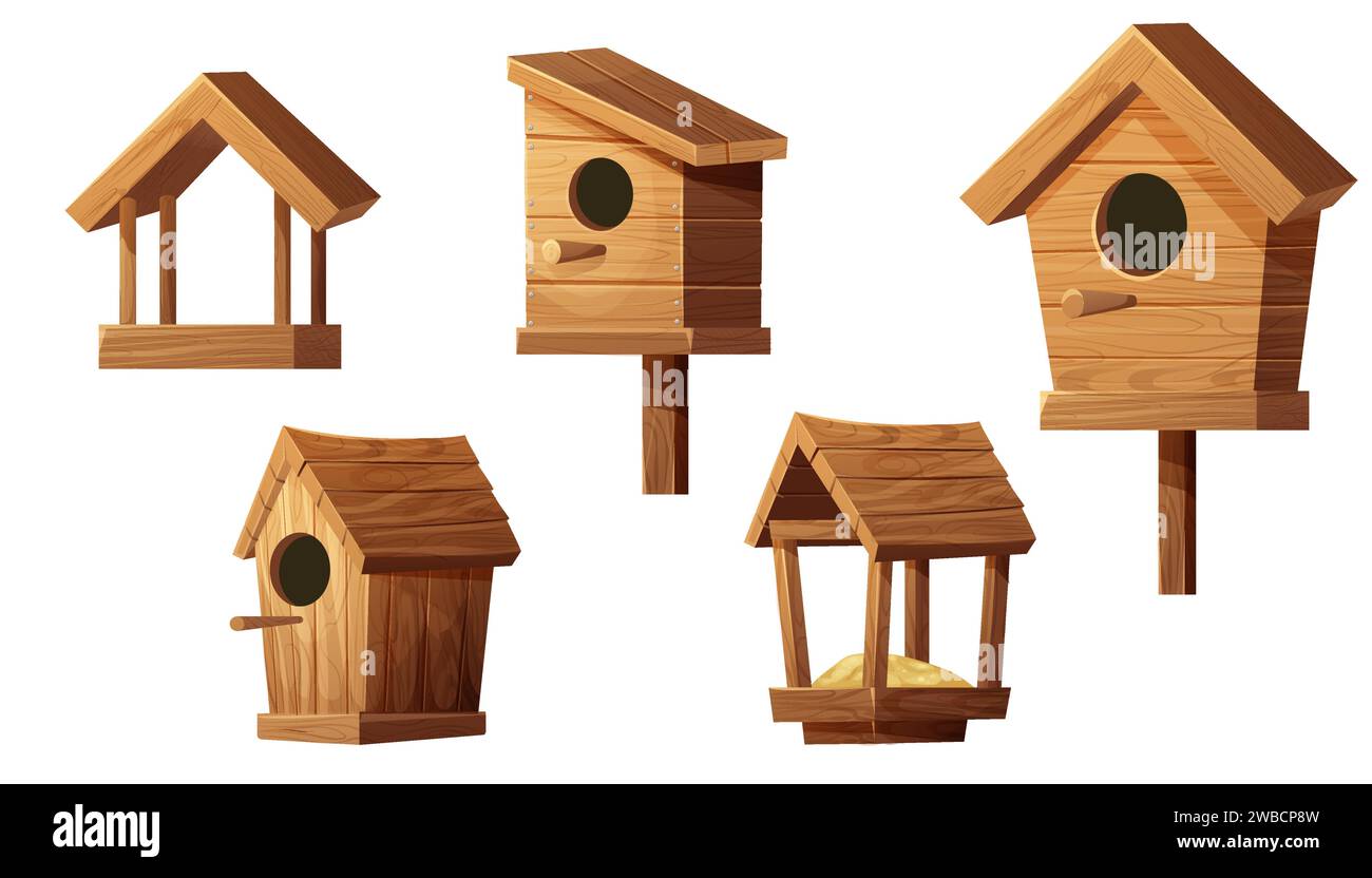 Set wooden bird feeder and bird house with roof, hole and seeds in ...