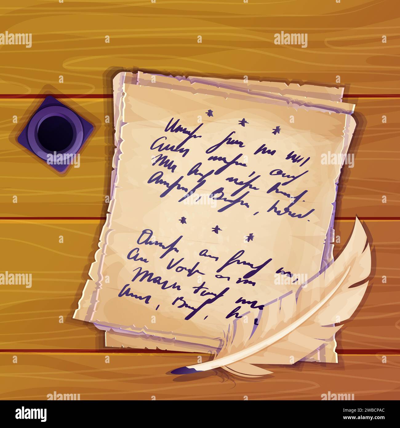 Parchment paper, torn old sheet with unreadble scrit inkwell and ...