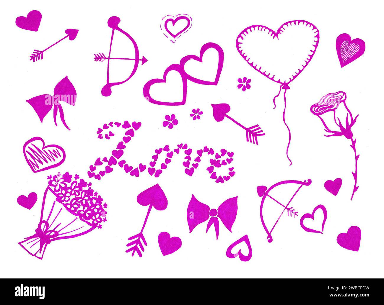 Set of love elements. Purple color on white background. Doodle. Hearts ...