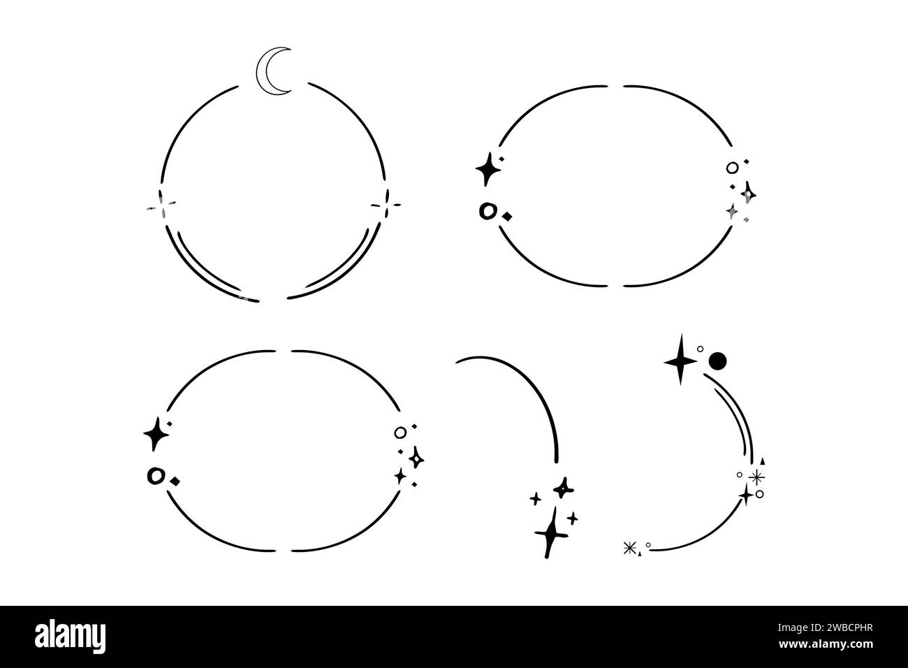 Set star sparkle silhouette celestial line frames abstract shape borders isolated on white ...