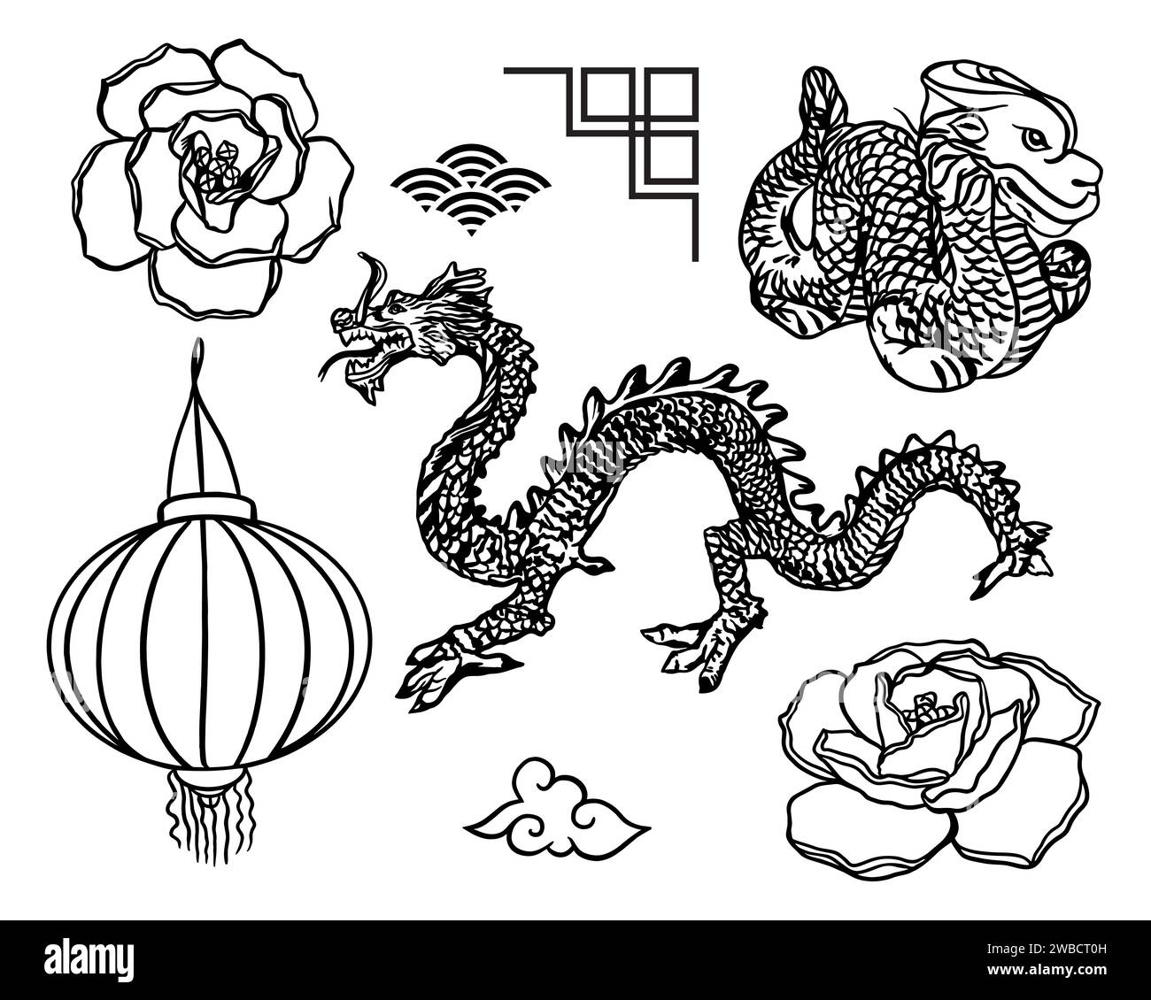Chinese dragon, lantern, flowers, decorations, vector set. Chinese New ...