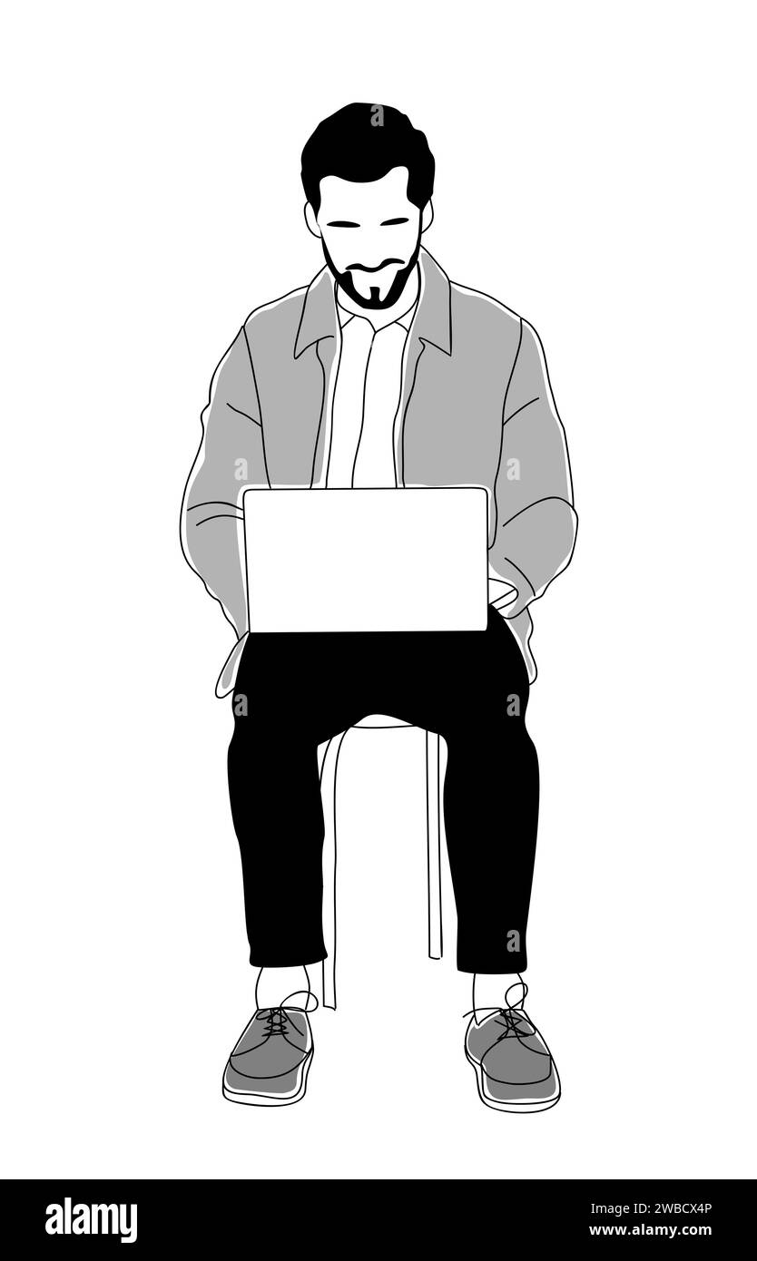 Businessman drawing sitting working Black and White Stock Photos ...