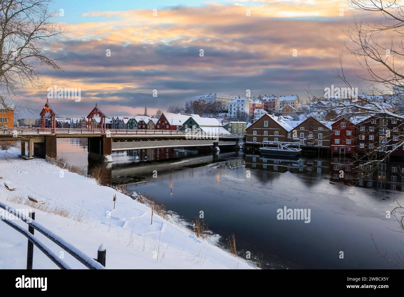 Winter in Trondheim, view of the river Nidelva, The Old Bridge ( Den ...